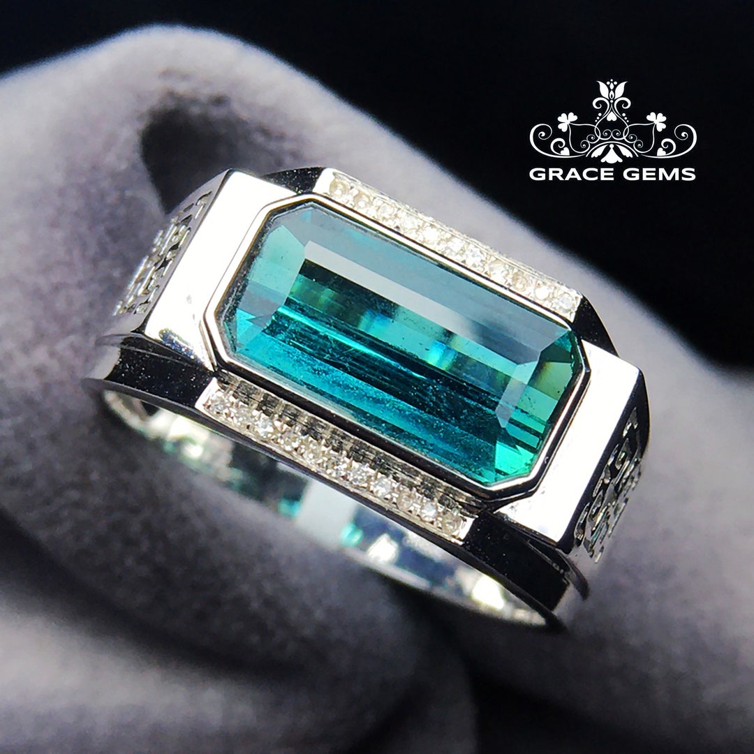 18k Gold Teal Tourmaline Ring/chunky Rare Blue Tourmaline Ring for Men ...