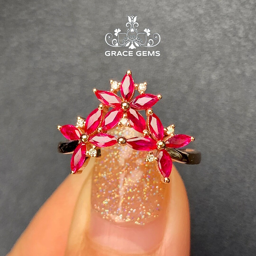 18k Rose Gold Ruby Flower Ring: Diamond Halo, Art Deco Bridal Ruby ...