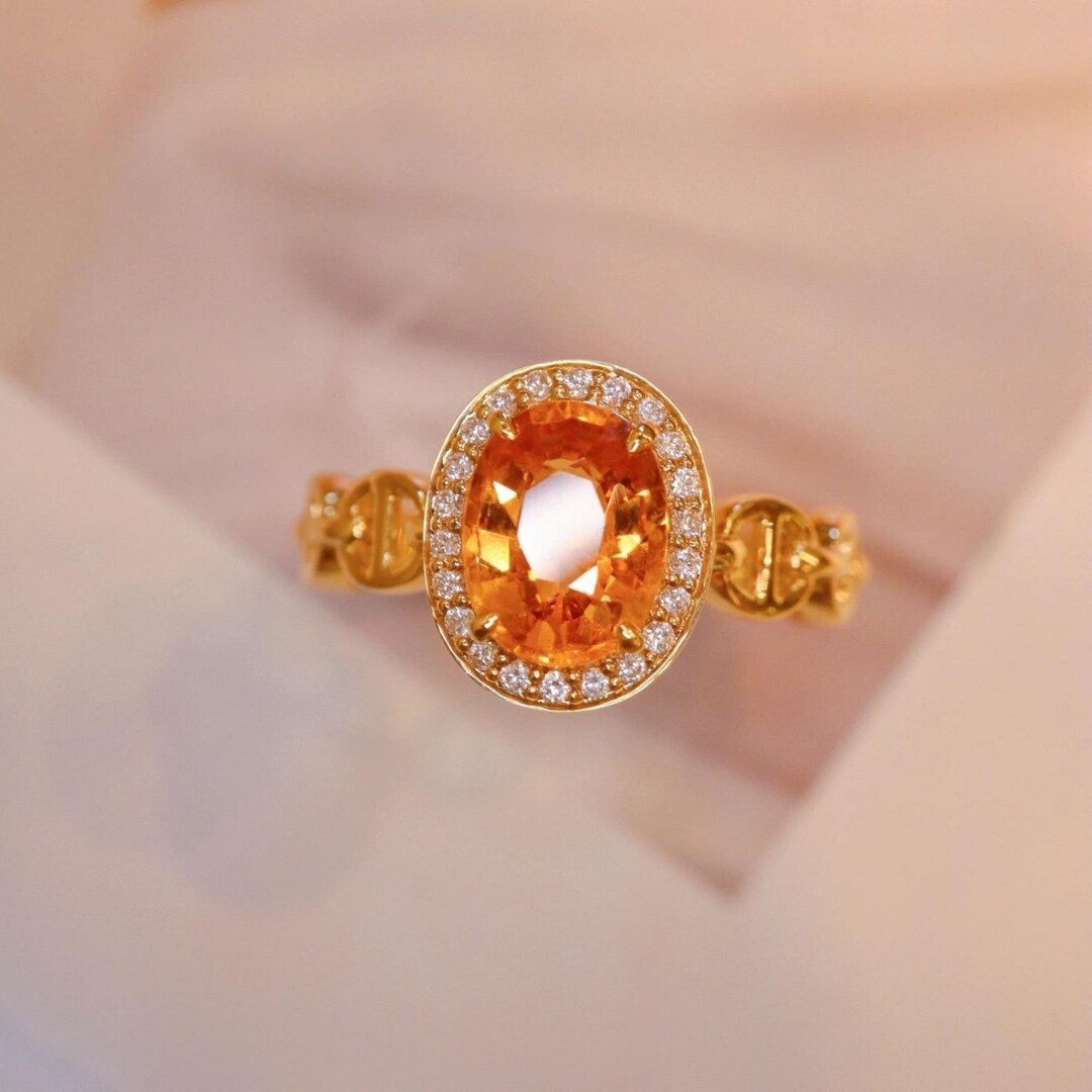 18k Gold Natural Orange Garnet Ring: Vintage Diamond Fanta Ring/unique ...