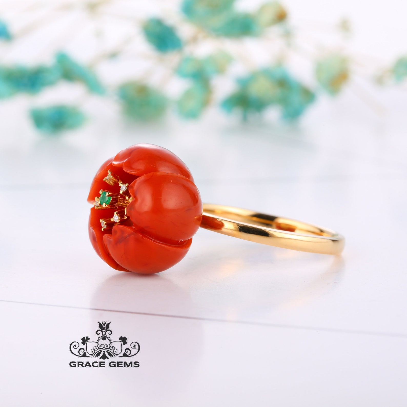 Flower agate Engagement Wedding Ring in 18k14k gold diamond | Etsy