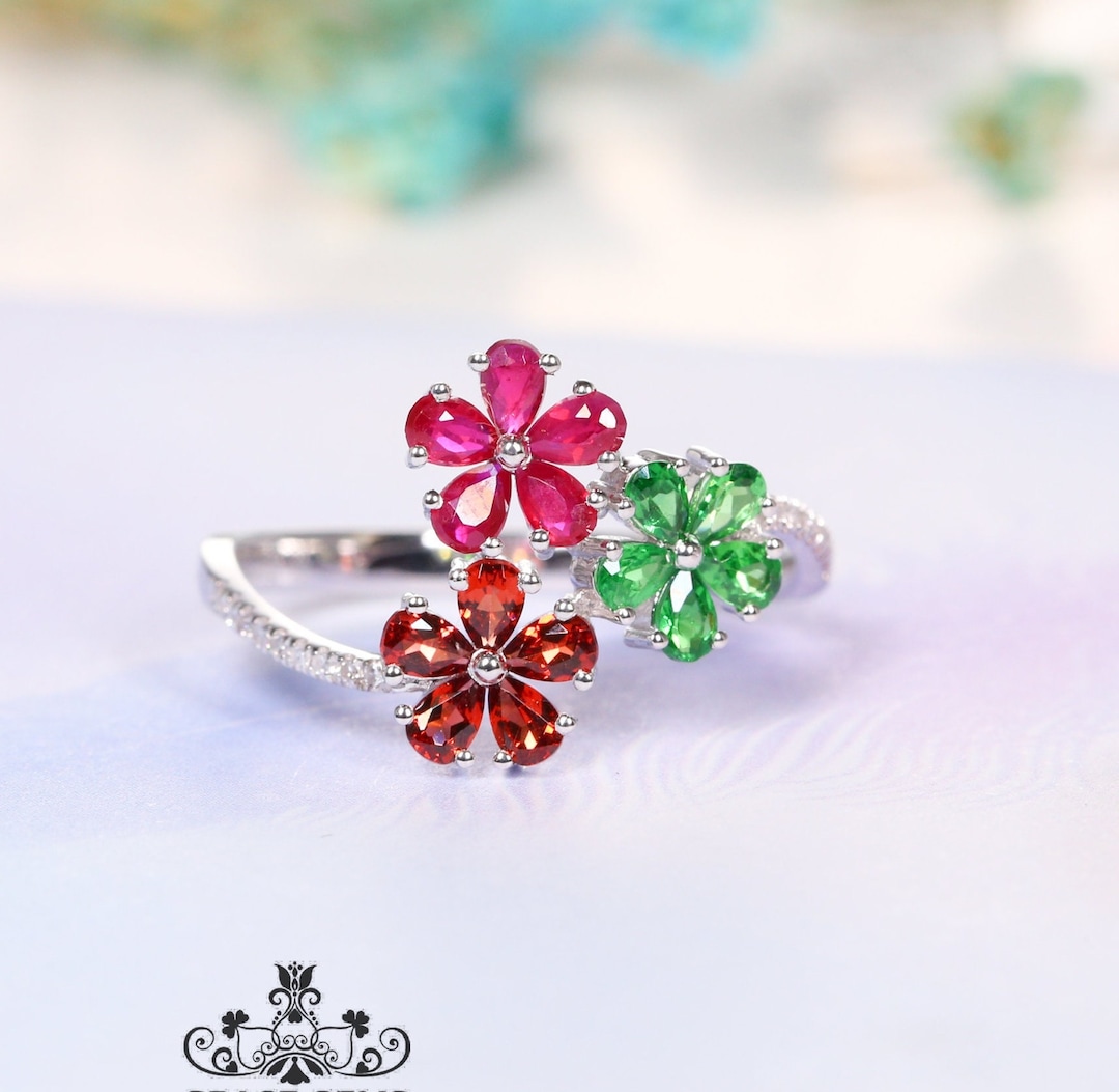 Handmade 18k Rose Gold Ruby Flower Ring: Diamond Halo Art Deco Ruby ...