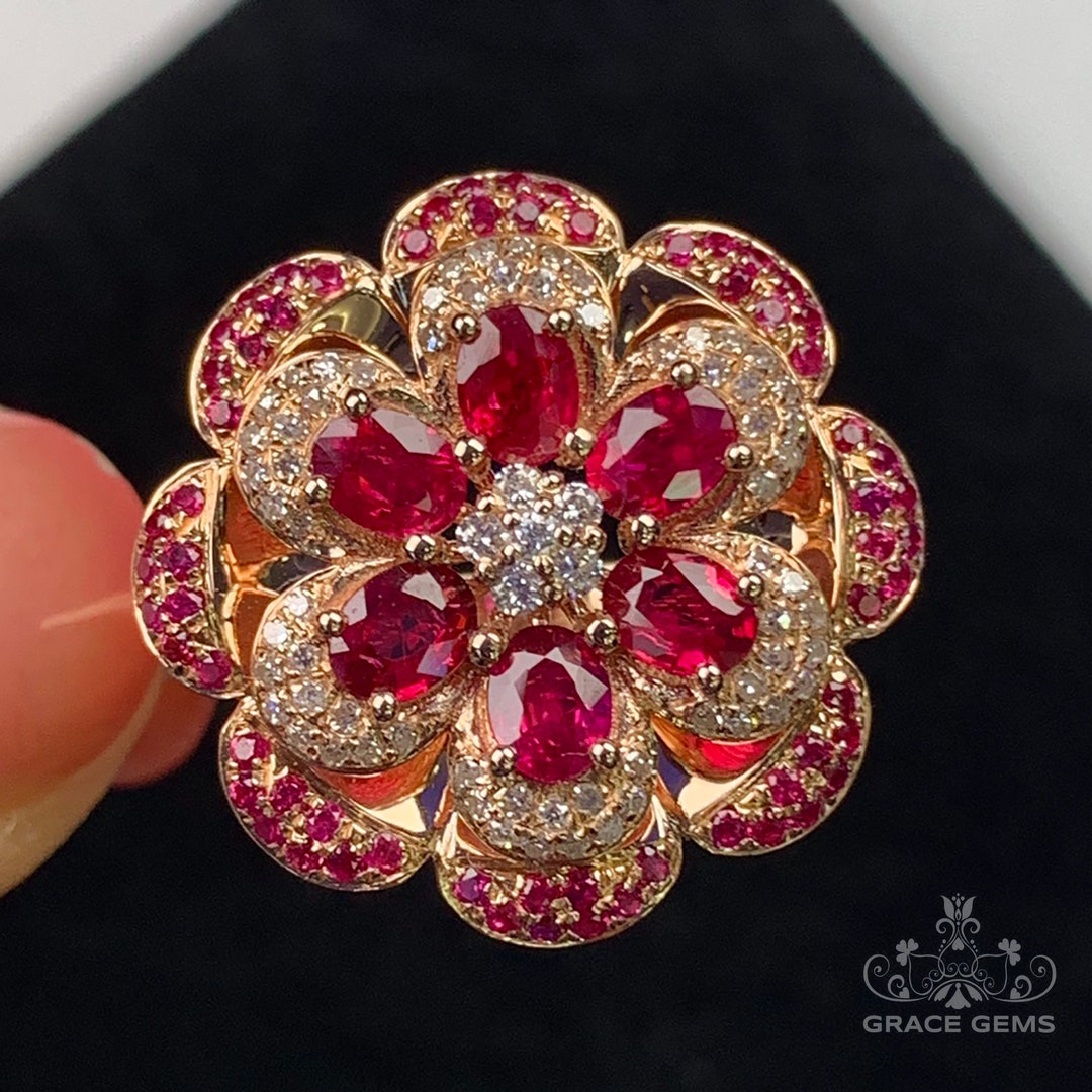 Unique Flower Natural Ruby Ring/18k Solid Gold Ruby Engagement Ring ...