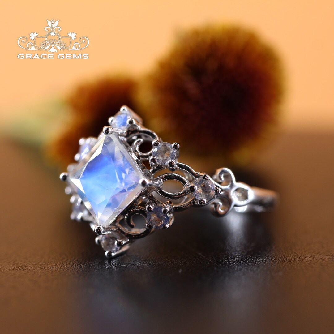 18k Gold Emerald Cut Genuine Moonstone Ring/celtic Vintage Engagement ...