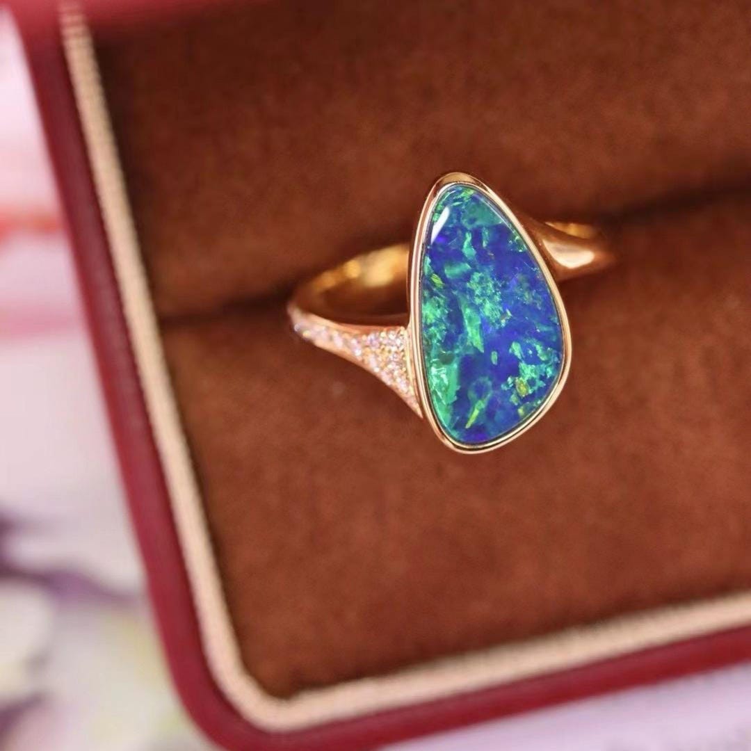 Australian Opal Ring: 18k Gold & Diamond Accent, Handmade Fine Opal ...