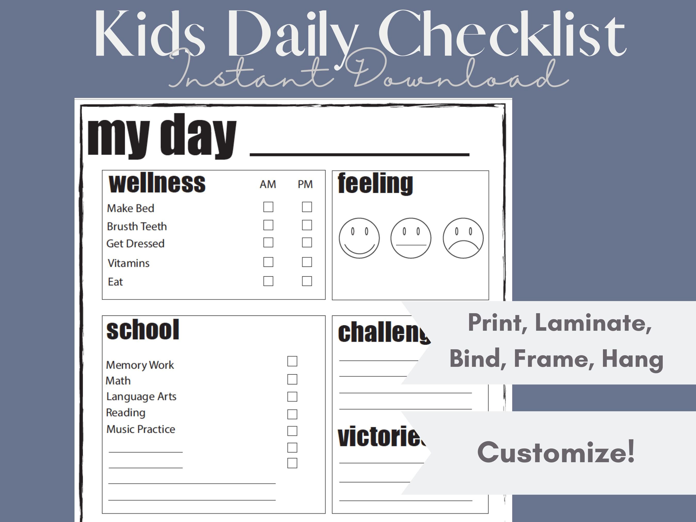 B & W - Children's Daily Checklist W/ Homeschool Section - Editable - Etsy