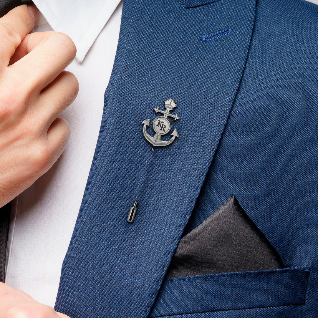 Nautical Lapel Pin, Initial Anchor Pin, Ocean Wedding Groom Pin, Sailor ...