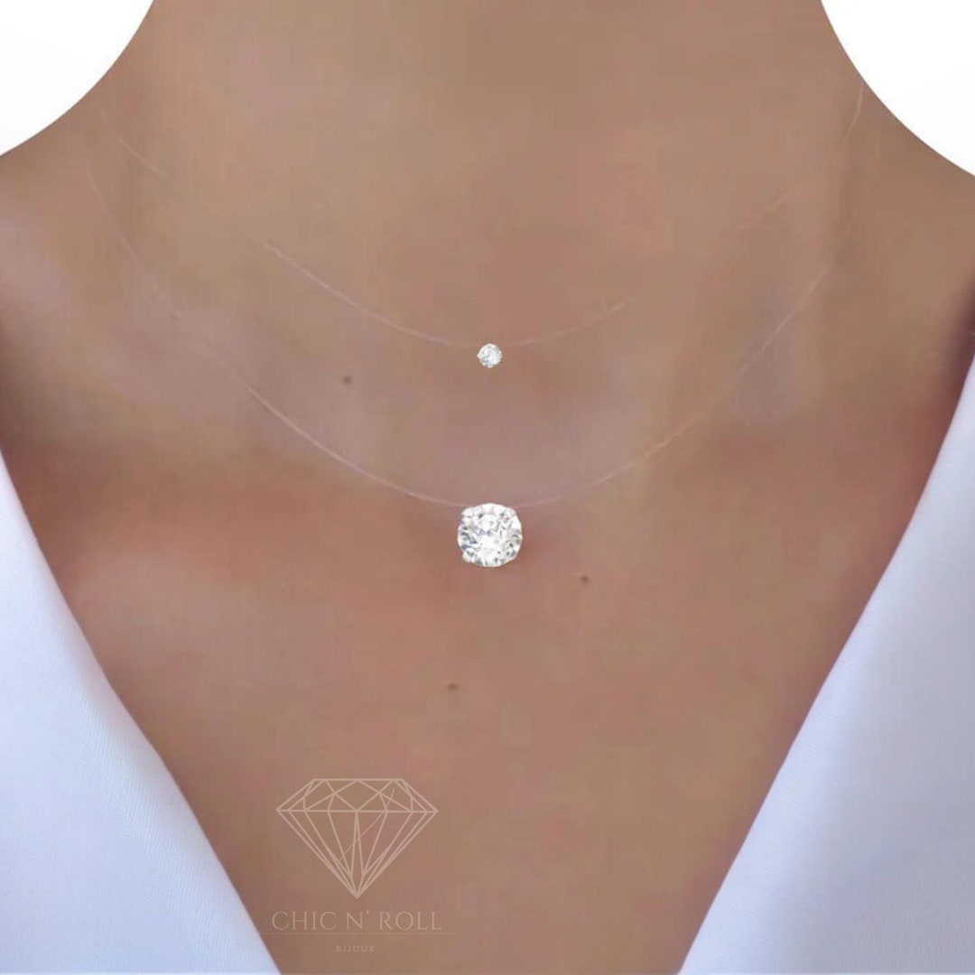 Invisible Choker Necklace Austrian Crystal Solitaire 4mm or 8mm Pendant ...