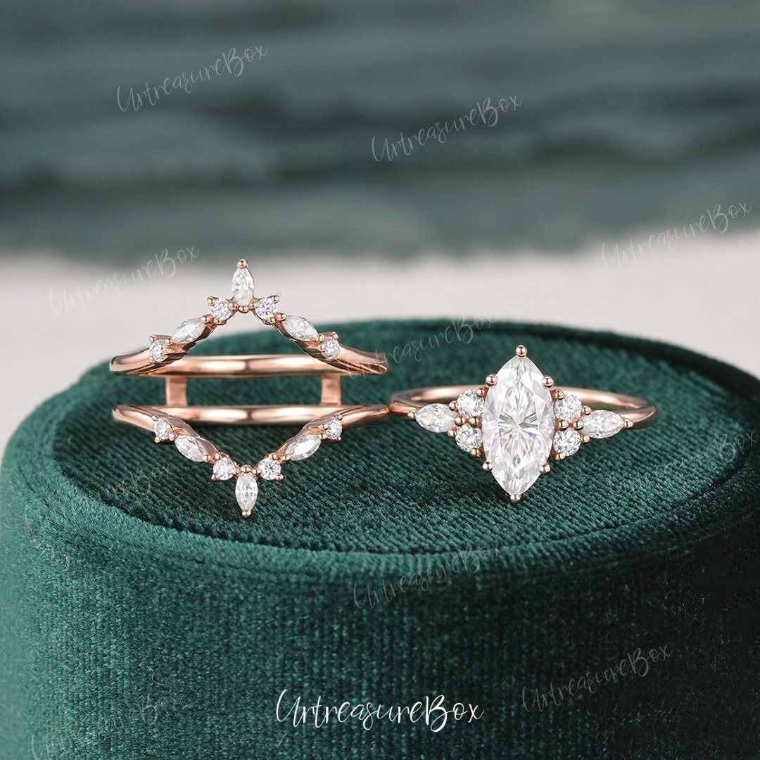 Marquise Moissanite Engagement Ring Set Bridal Set Rose Gold Ring ...