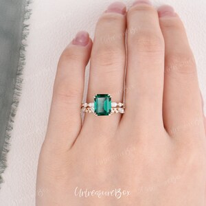 Unique Lab Emerald Engagement Ring Set Emerald Cut Wedding Ring Set ...