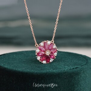 Marquise Ruby Necklace Lab Ruby Pendant Rose Gold Cluster Vintage ...