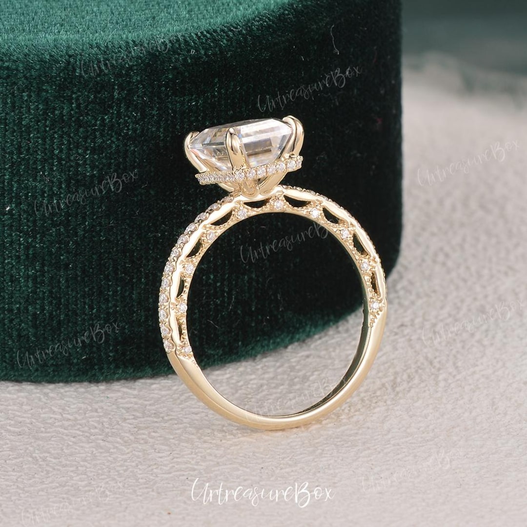 3ct Emerald Cut Engagement Ring Yellow Gold Moissanite Wedding Ring ...