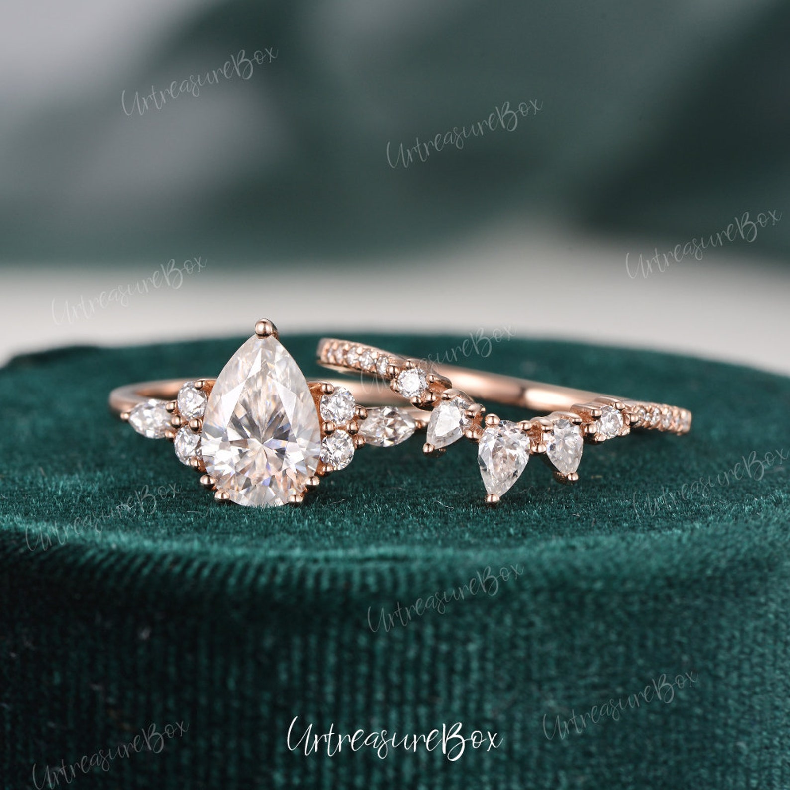 Cluster Moissanite Engagement Ring Set Vintage Rose Gold | Etsy