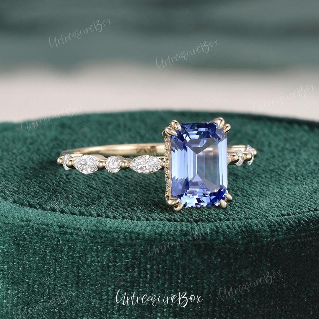 Cornflower Blue Sapphire Engagement Ring Emerald Cut Sapphire Ring 14K ...