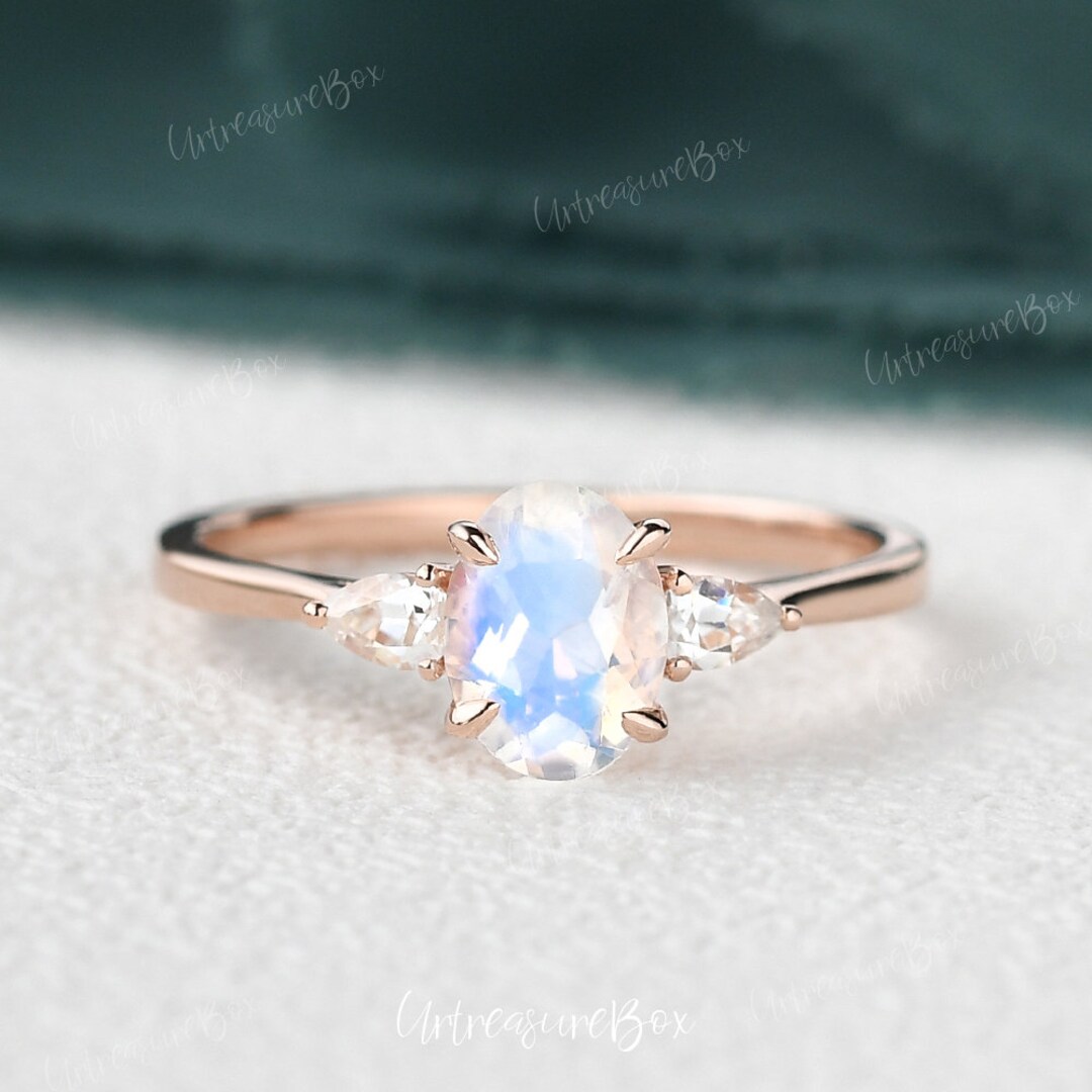 Oval Moonstone Engagement Ring Unique Three Stone Moonstone Wedding ...