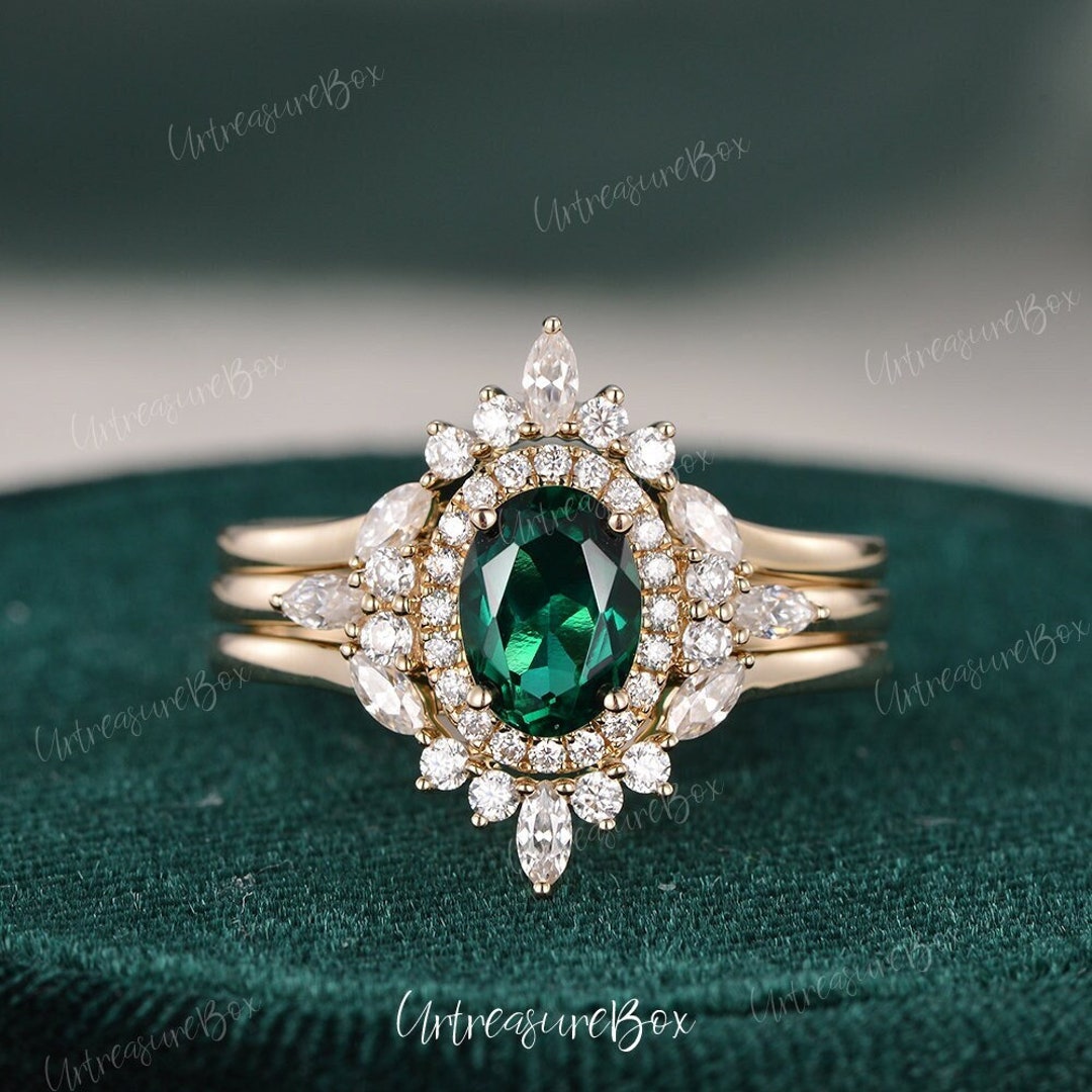 Green Emerald Engagement Ring Set Vintage Oval Cut Emerald Wedding Ring ...