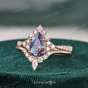 Lab Created Alexandrite Engagement Ring Sets Rose Gold Pear Cut Bridal ...