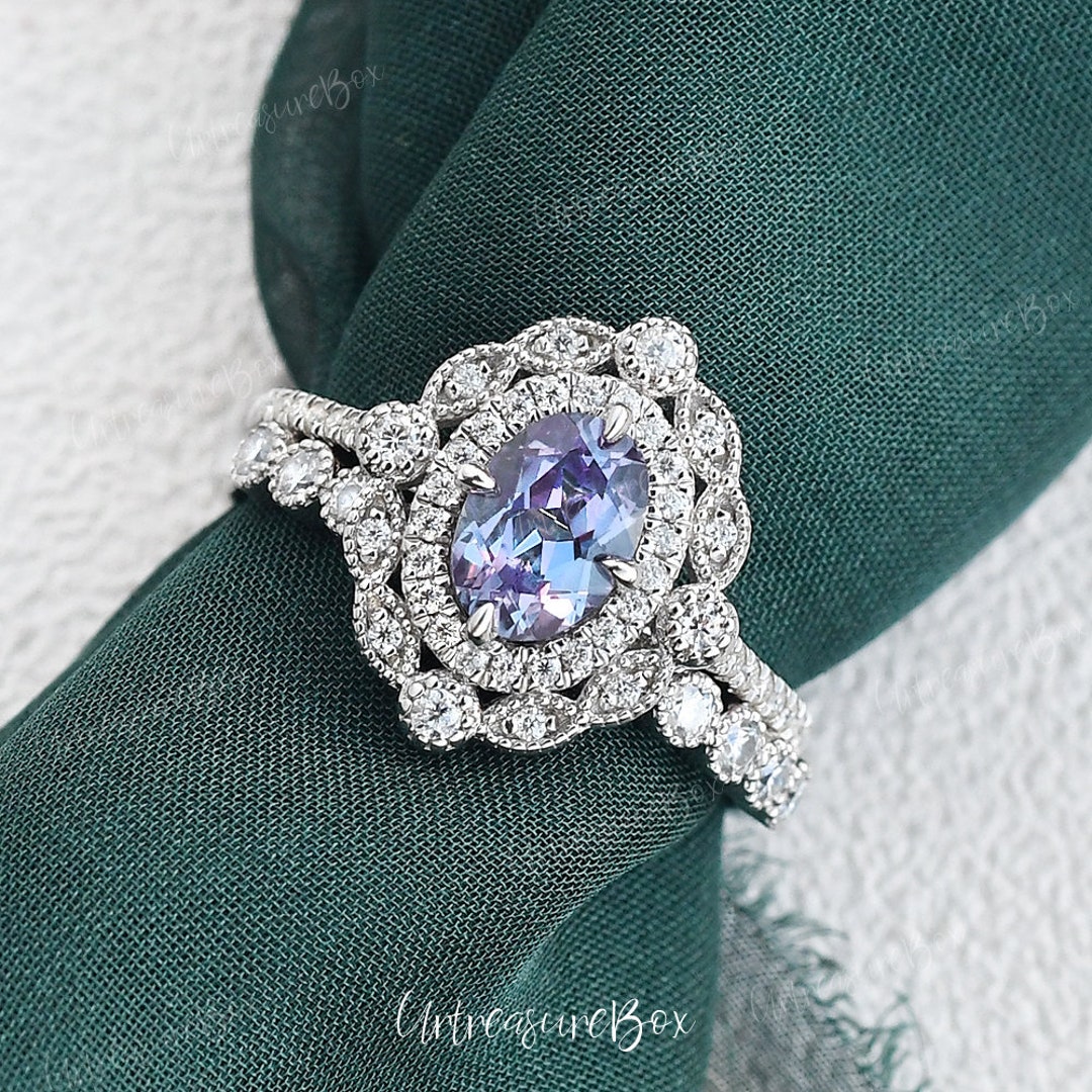 Lab Alexandrite Bridal Sets Vintage White Gold Alexandrite Engagement ...