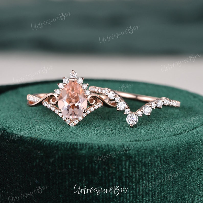 Vintage Morganite Engagement Ring Set Rose Gold Pear Shape - Etsy