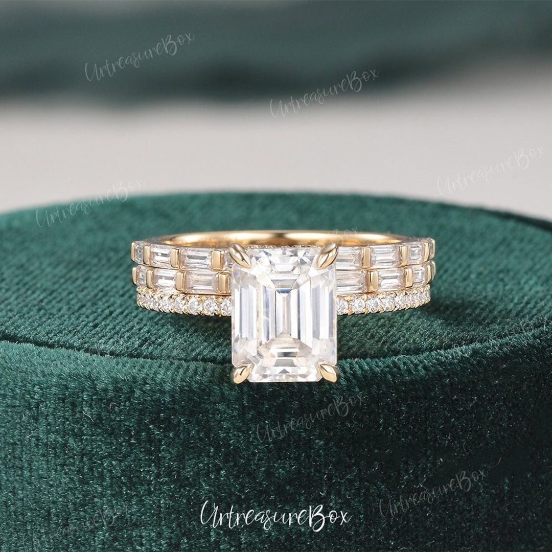 Yellow Gold Emerald Cut Moissanite Engagement Rings Set 3PCS Hidden ...