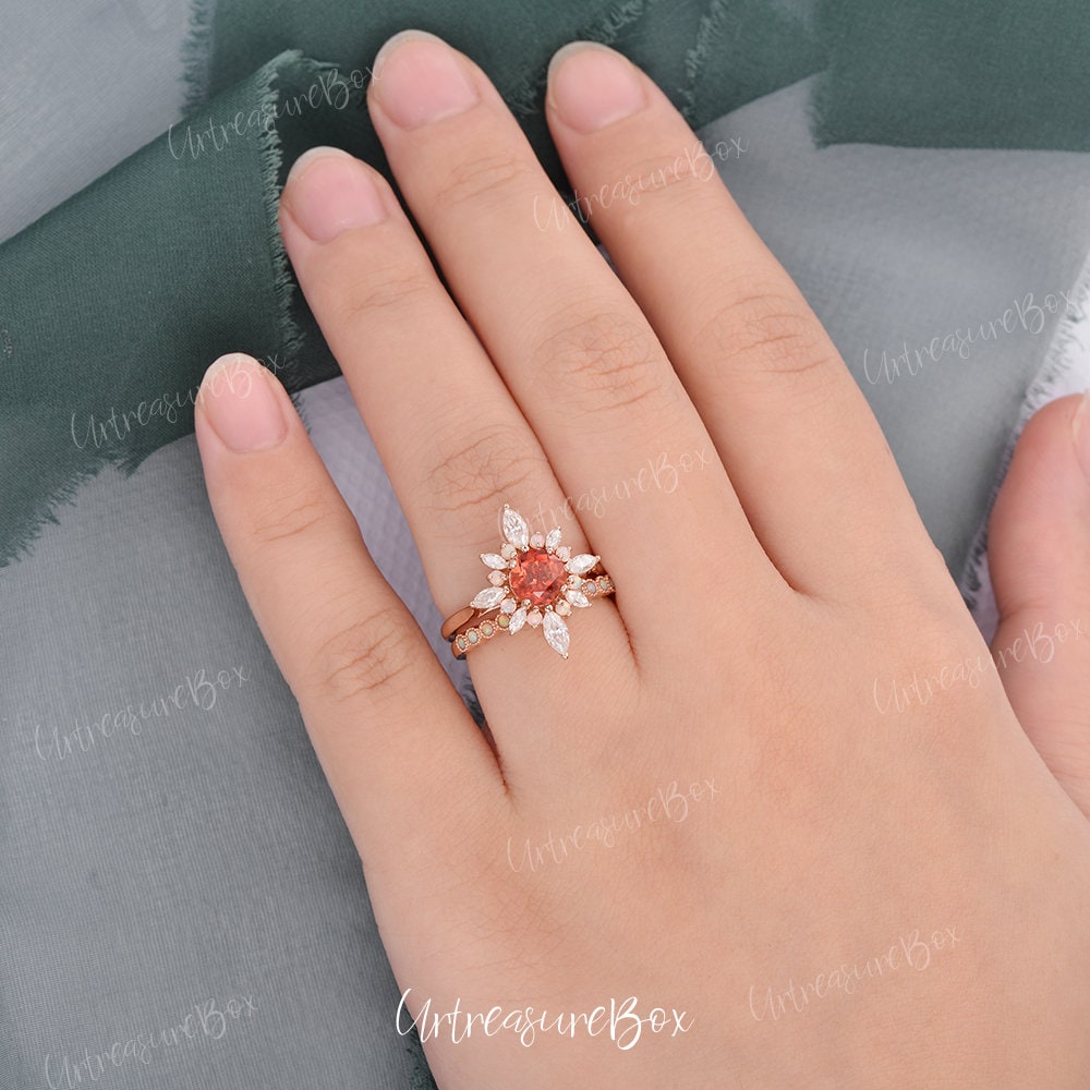 Vintage Sunstone Engagement Ring Rose Gold Sunstone Bridal Set - Etsy