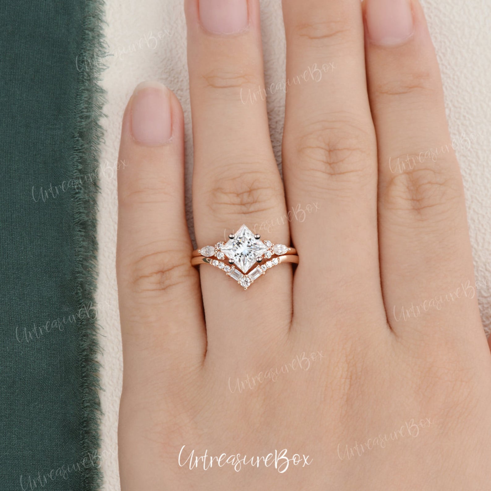 Unique Princess Cut Engagement Ring Set Women 1.2ct Moissanite - Etsy