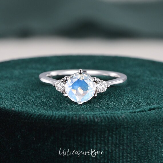 Natural Moonstone Three Stones Engagement Ring Rose Gold Women - Etsy