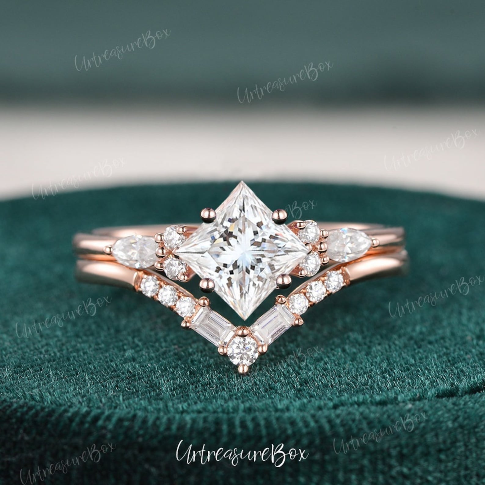Unique Princess Cut Engagement Ring Set Women 1.2ct Moissanite - Etsy