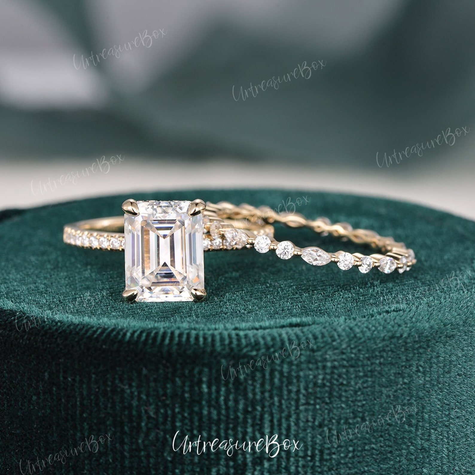 2 5ct Hidden Halo Emerald Cut Engagement Ring Set Women Etsy