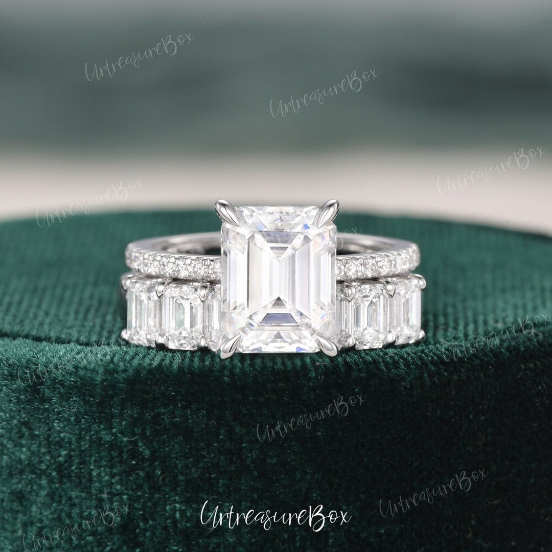 4.5CT Emerald Cut Moissanite Engagement Ring Set Emerald Cut Half ...