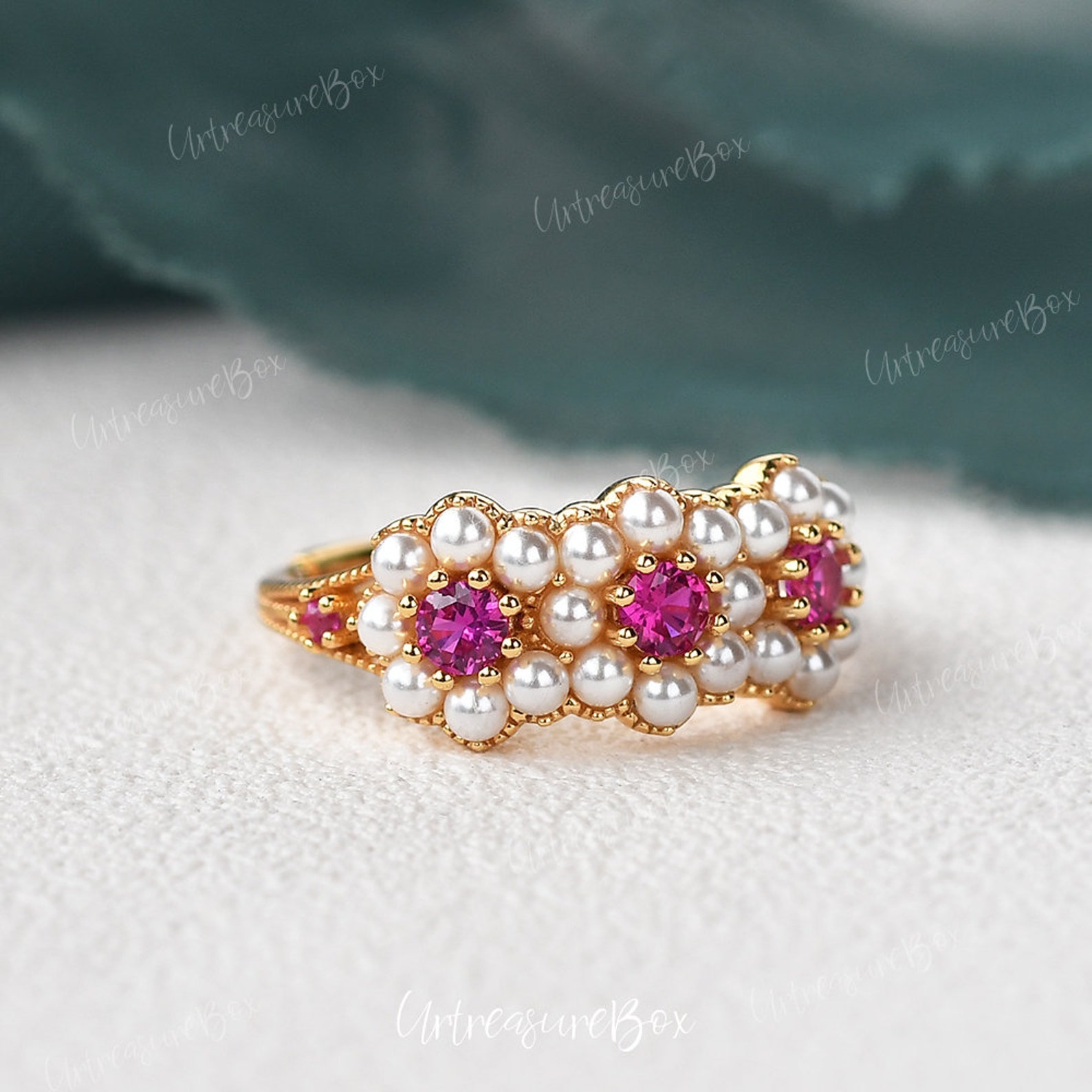 Natural Ruby And Pearl Engagement Ring Vintage Yellow Gold | Etsy