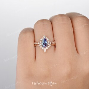 Lab Created Alexandrite Engagement Ring Sets Rose Gold Pear Cut Bridal ...
