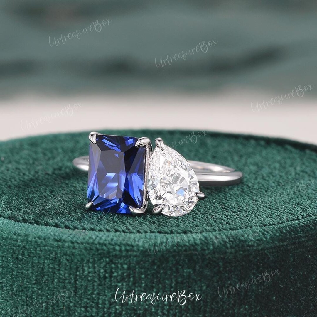 Toi Et Moi Pear Lab Grown Diamond Radiant Cut Blue Sapphire Engagement ...