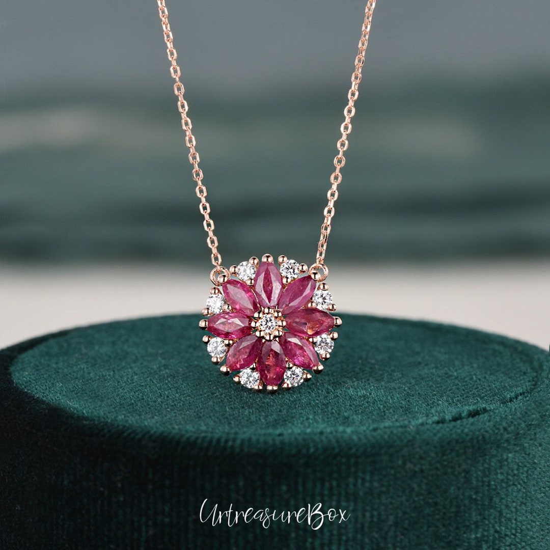Marquise Ruby Necklace Lab Ruby Pendant Rose Gold Cluster Vintage ...