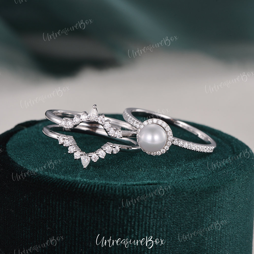 Natural Akoya Pearl Bridal Set Vintage Pearl Wedding Ring Set | Etsy