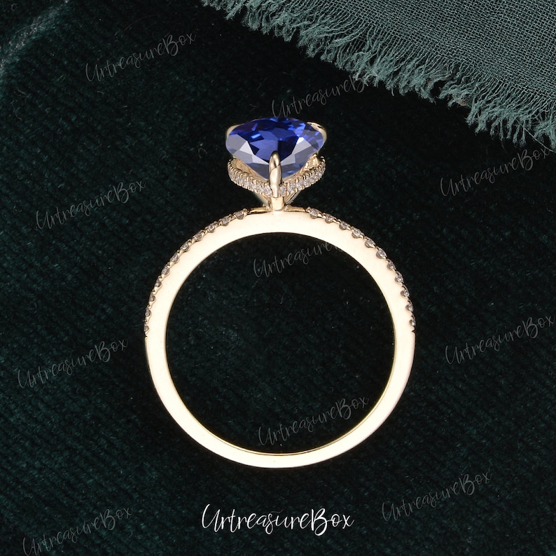 Pear Shaped Sapphire Engagement Ring Women Yellow Gold Hidden Halo ...