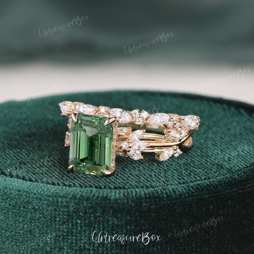 Unique Green Sapphire Engagement Ring Set Emerald Cut Yellow Gold ...