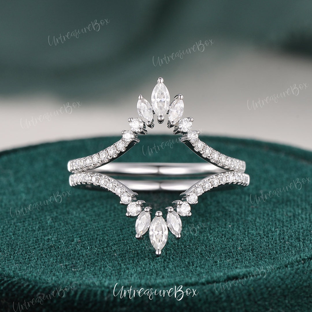 Double Curved Wedding Band White Gold Unique Marquise Diamond Wedding ...