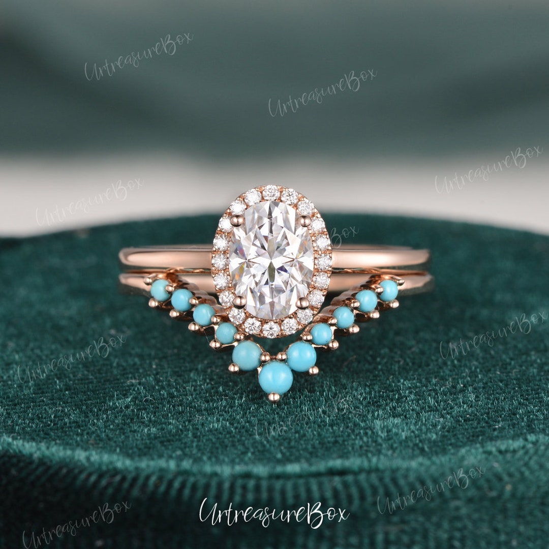 Moissanite Engagement Ring Turquoise Wedding Ring Set Rose Gold Bridal ...