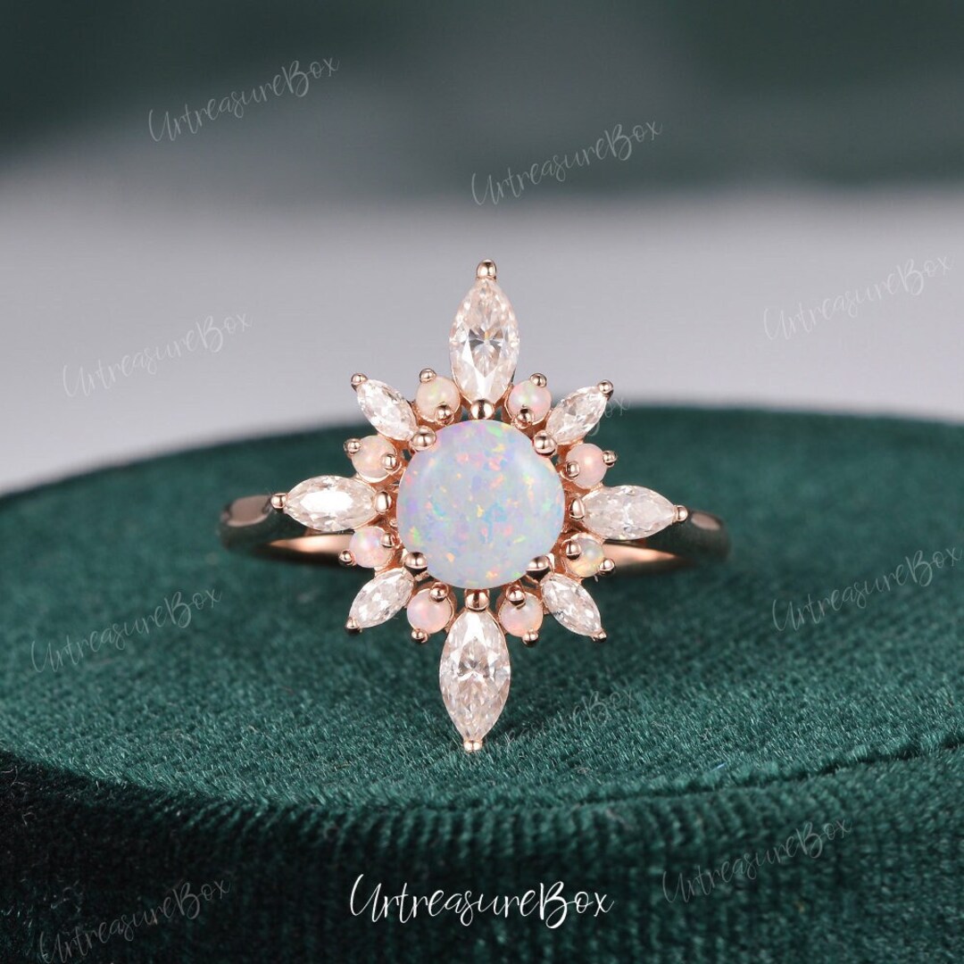 White Opal Engagement Ring Rose Gold Vintage Marquise Opal Ring Women ...