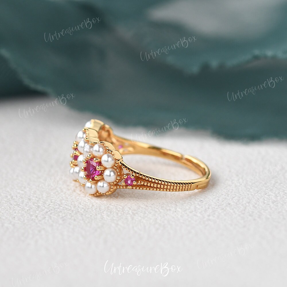 Natural Ruby And Pearl Engagement Ring Vintage Yellow Gold | Etsy