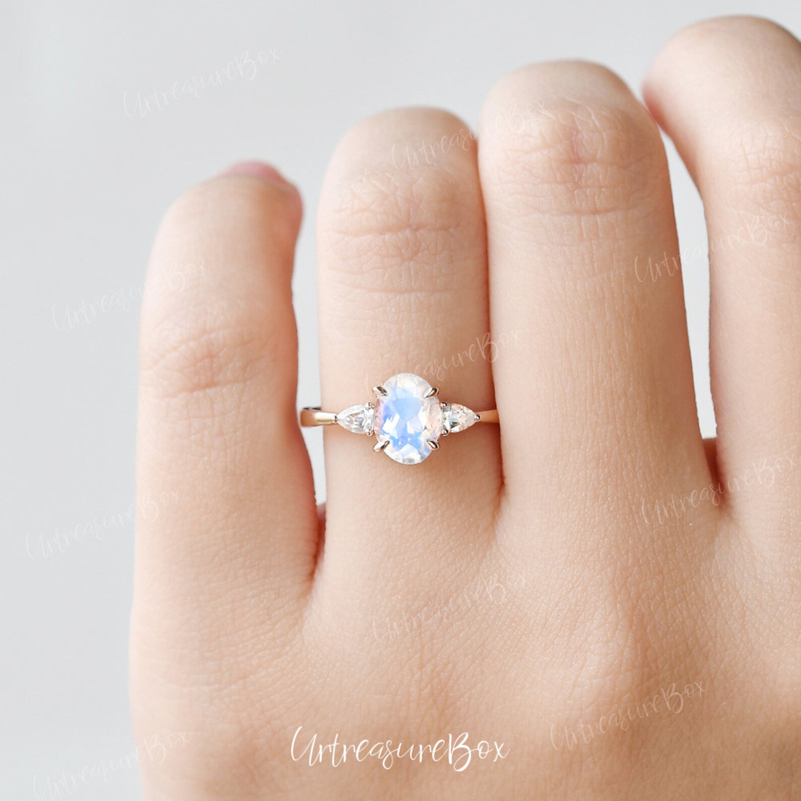 Oval Moonstone Engagement Ring Unique Three Stone Moonstone - Etsy
