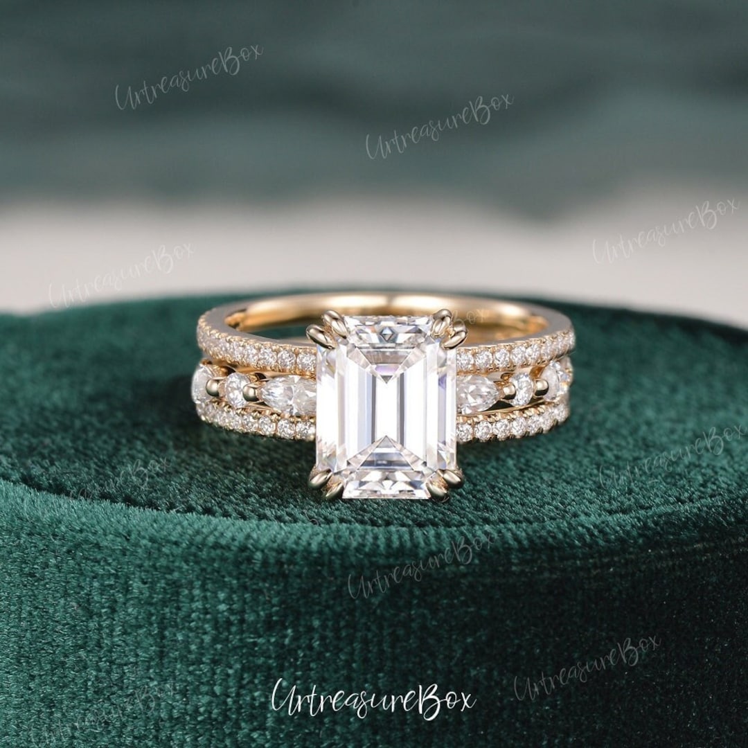 Art Deco Emerald Cut Moissanite Bridal Set Yellow Gold Engagement Ring ...