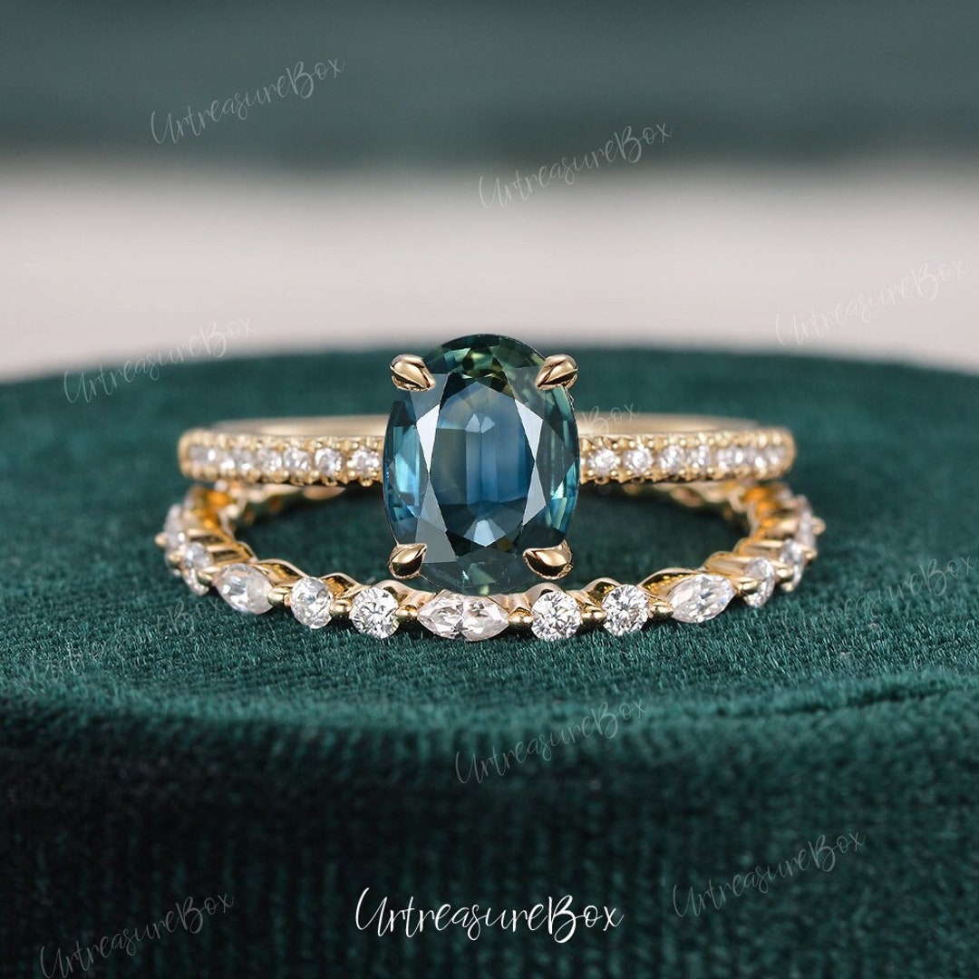 Natural Teal Sapphire Engagement Ring Set Vintage Oval Cut Green Blue ...