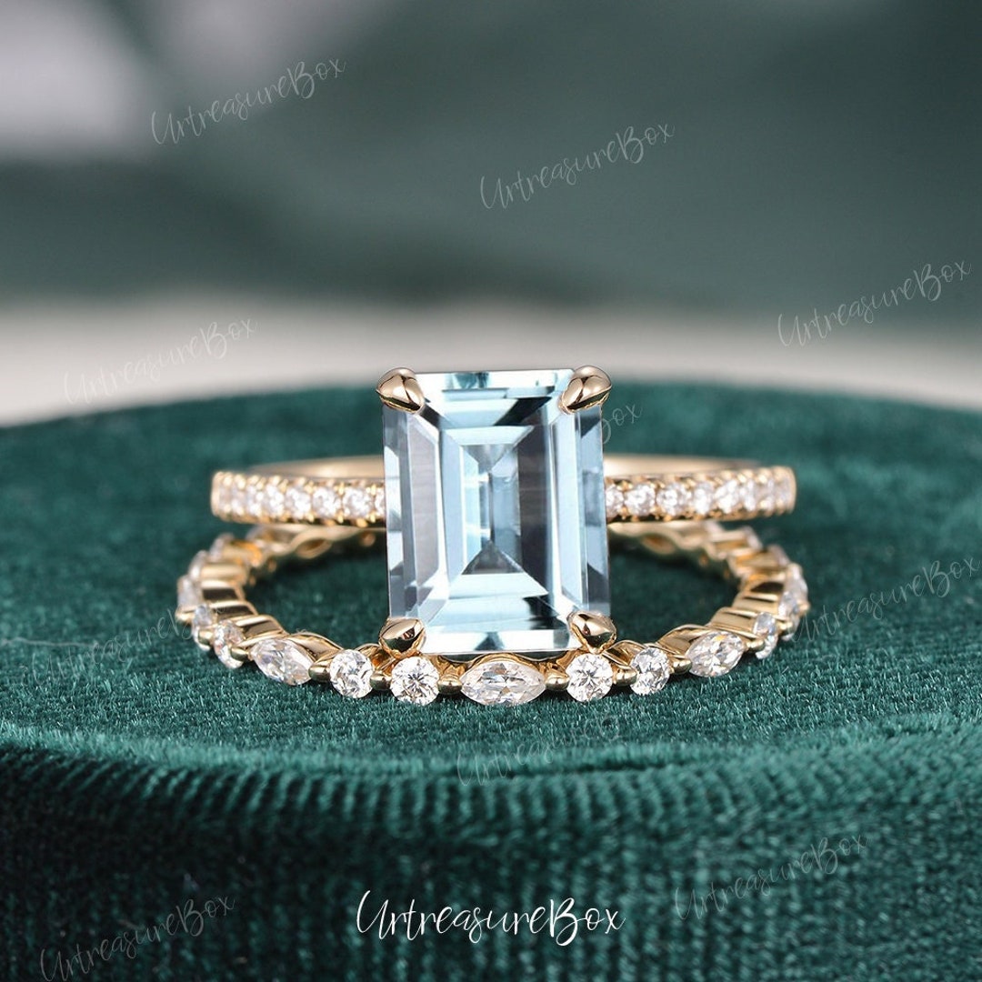 Emerald Cut Aquamarine Engagement Ring Set Hidden Halo Engagement Ring ...