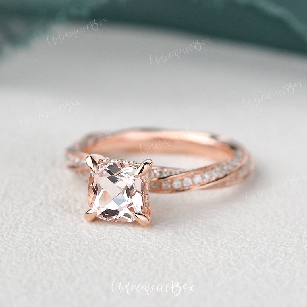 Twist Infinity Ring Cushion Cut Unique Morganite Engagement Ring Rose ...