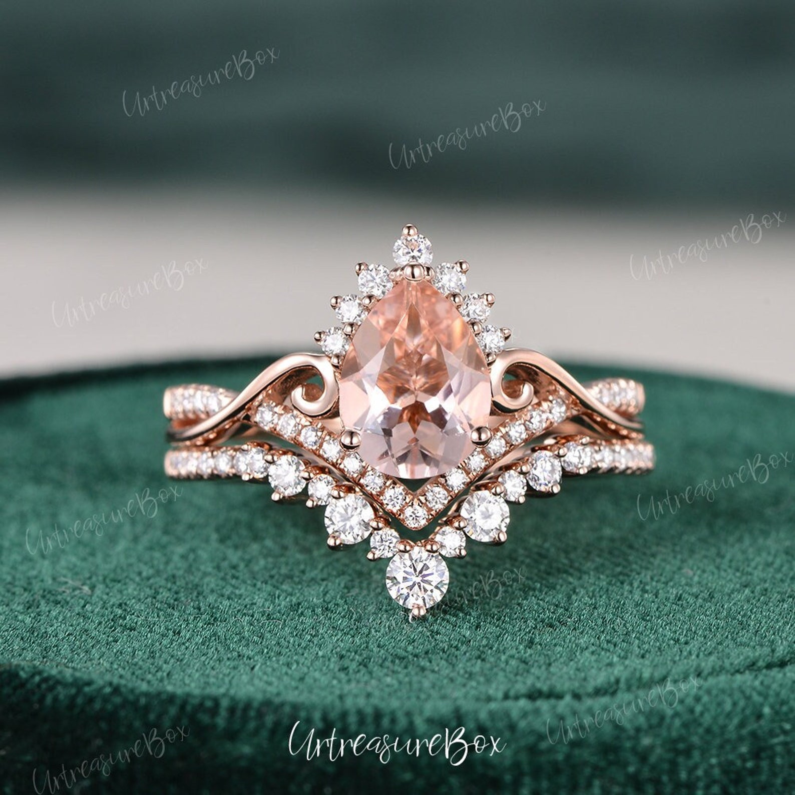 Vintage Morganite Engagement Ring Set Rose Gold Pear Shape - Etsy