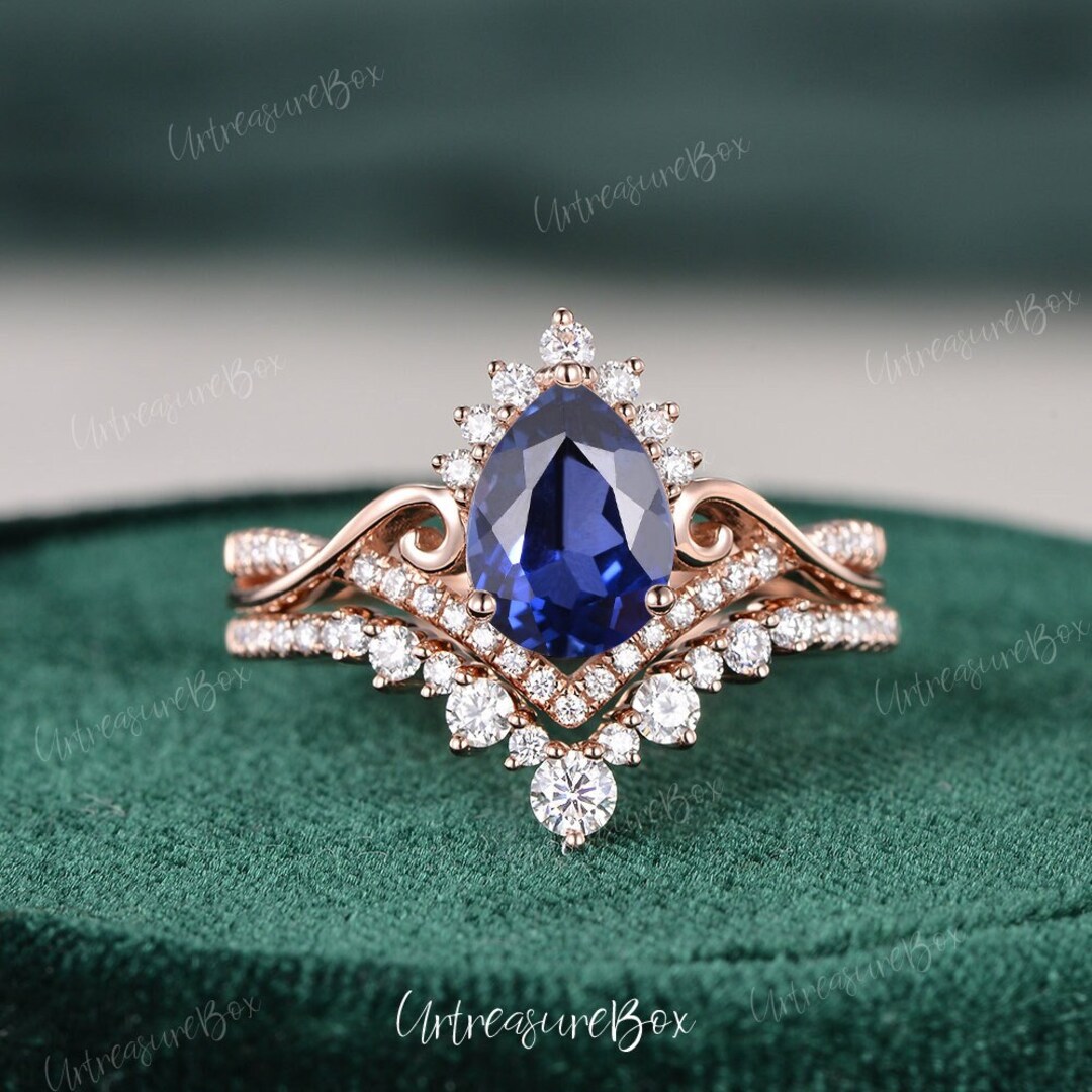 Vintage Blue Sapphire Engagement Ring Set Rose Gold Pear Lab Sapphire ...