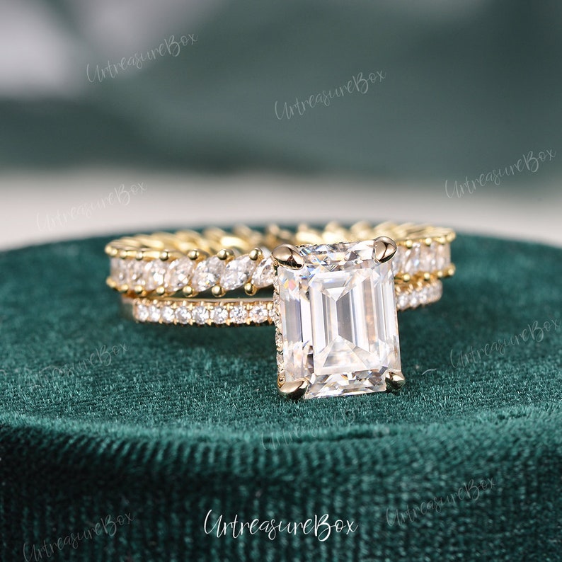 Hidden Halo Emerald Cut Moissanite Engagement Ring Set 2 5ct Etsy