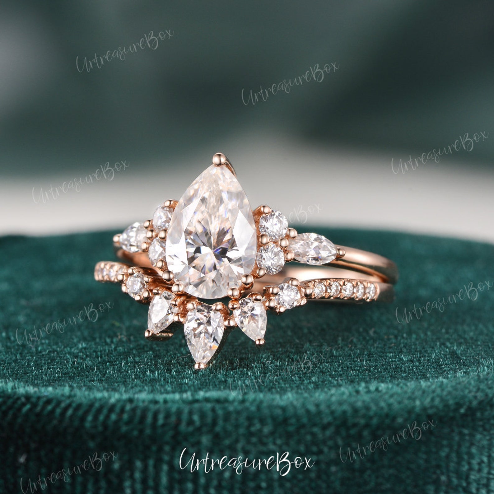 Cluster Moissanite Engagement Ring Set Vintage Rose Gold - Etsy