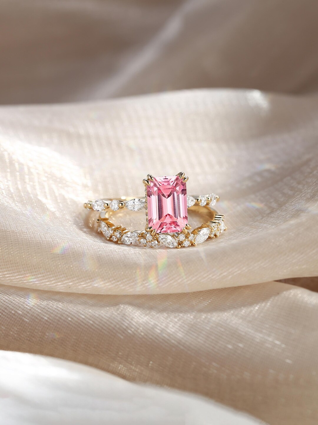 2CT Pink Sapphire Engagement Ring Emerald Cut Solid Gold Unique Pink ...